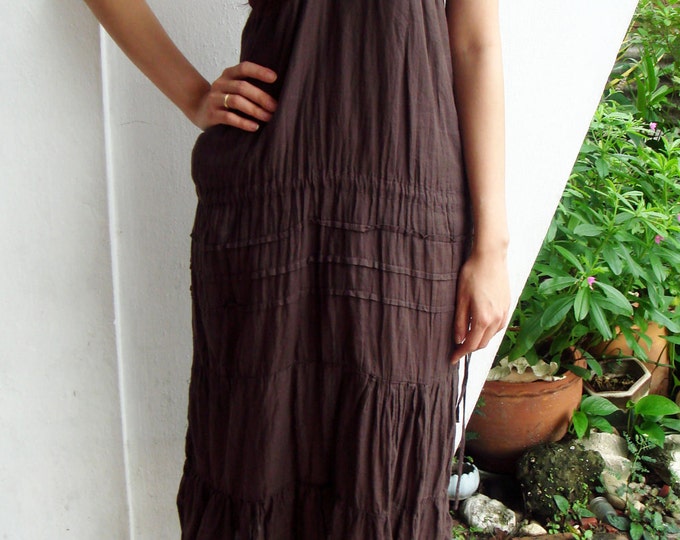 Maxi V Neck Dark Brown Cotton Dress Brown Dress - Etsy