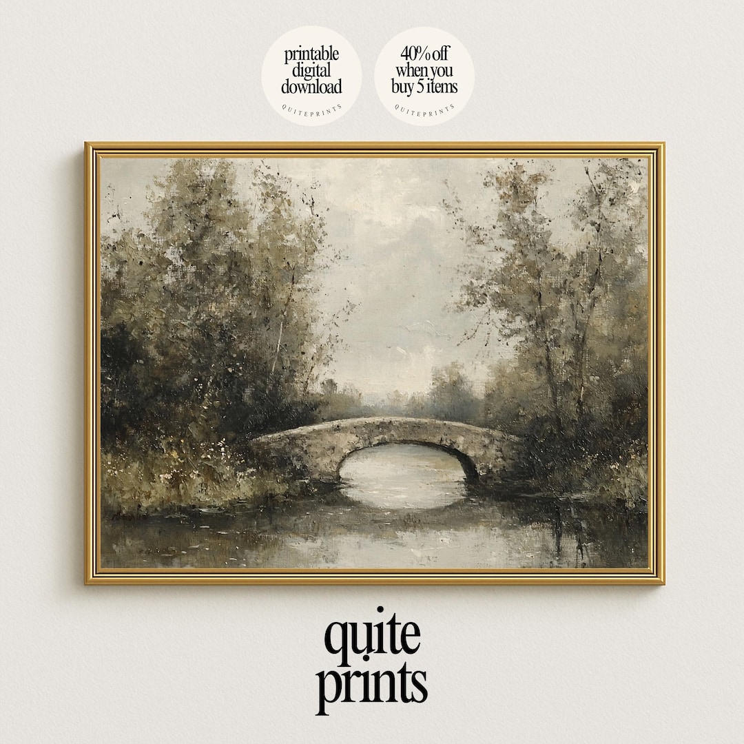 Rustic Stone Bridge Wall Art Painting: Neutral Autumn Landscape ...