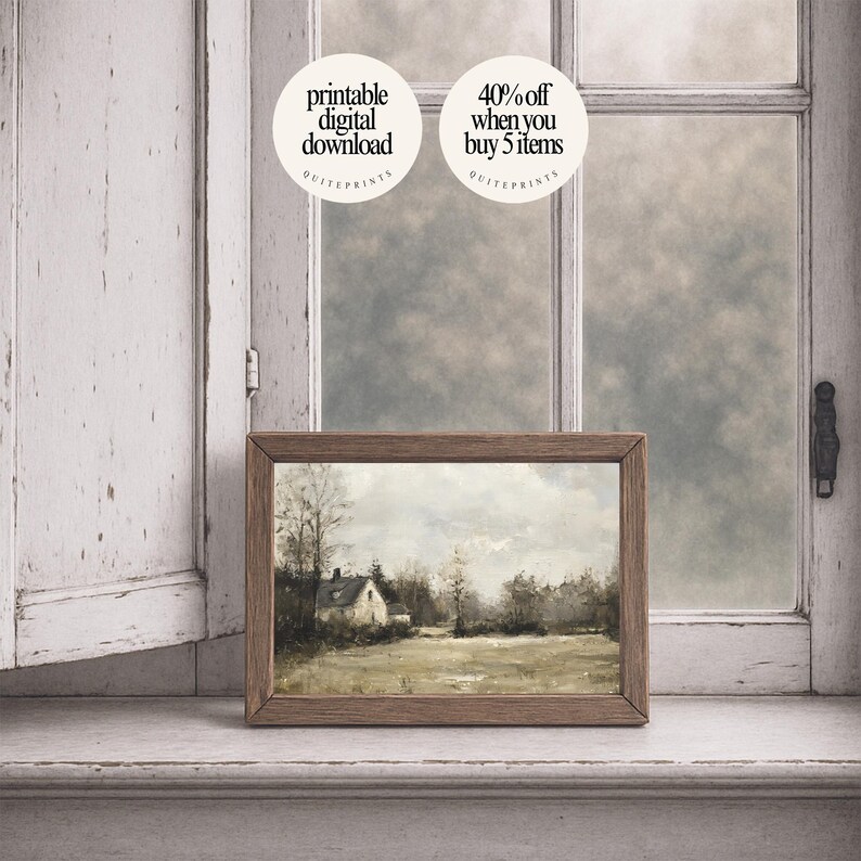 Pintura a óleo "Manhã Nebulosa em um Prado": Impressão pastoral vintage ...