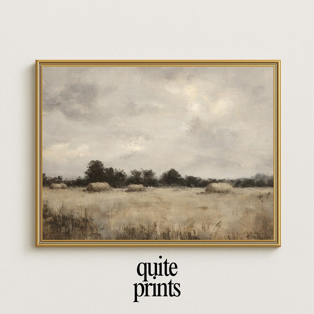 Vintage Farm Field Print: Rustic Hay Landscape, Neutral Earth Tones ...