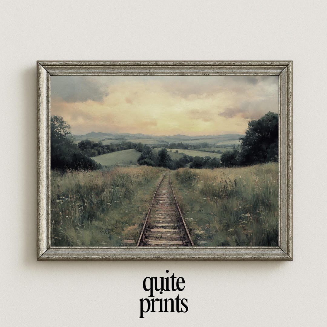 Vintage Train Tracks Landscape Painting | Country Landscape Art ...