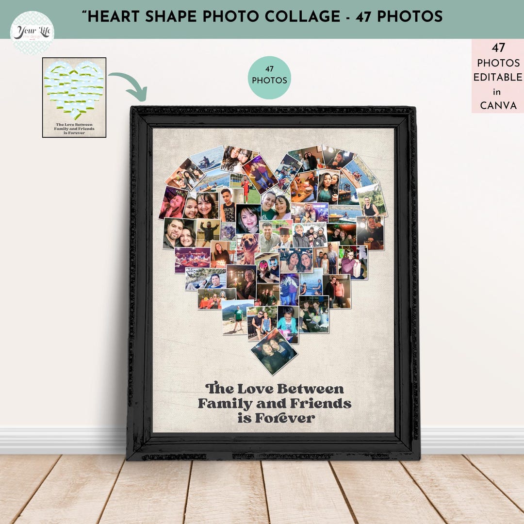 Heart Photo Collage Template for Canva, INSTANT DOWNLOAD, Editable ...