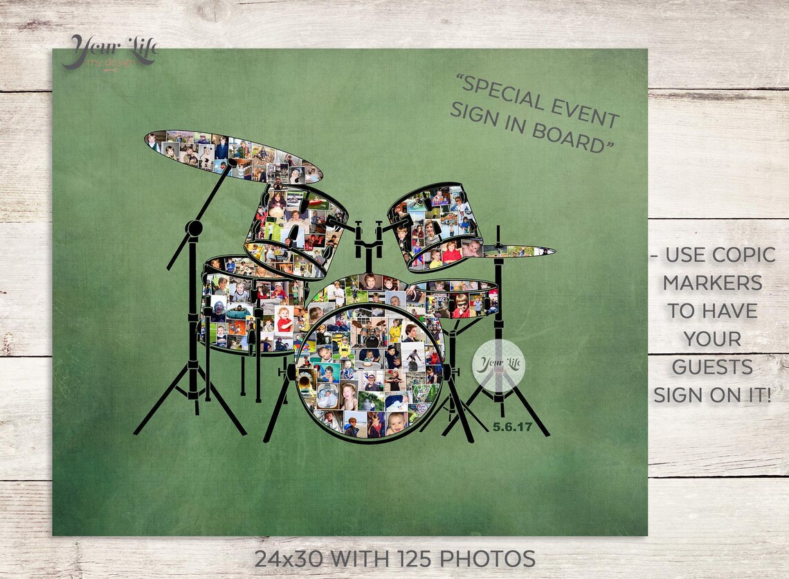 DRUM SET Photo Collage, Bar Mitzvah Sign-in Board, Photo Collage Sign ...