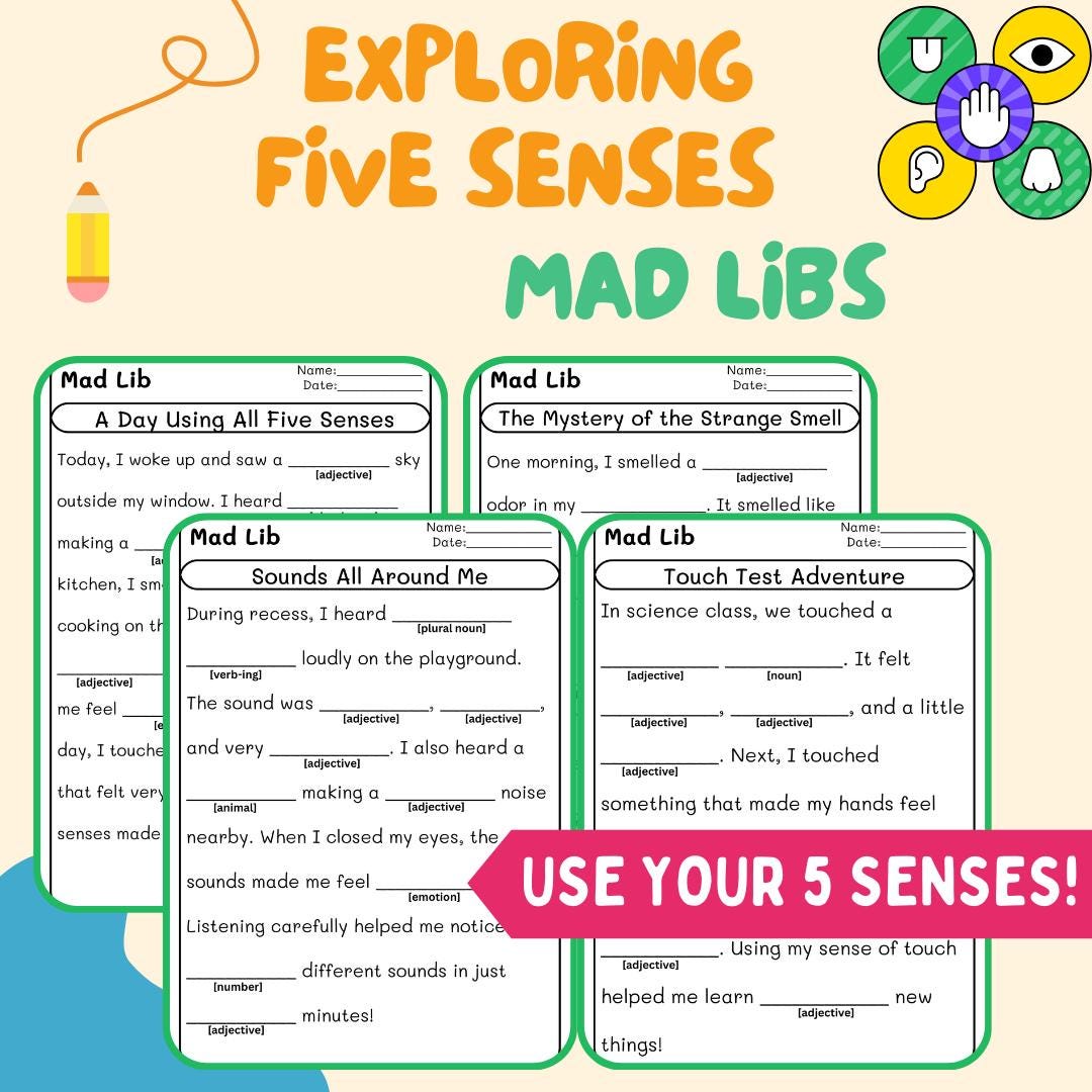 Five Senses Mad Libs Writing Activities | Parts of Speech Practice - Etsy