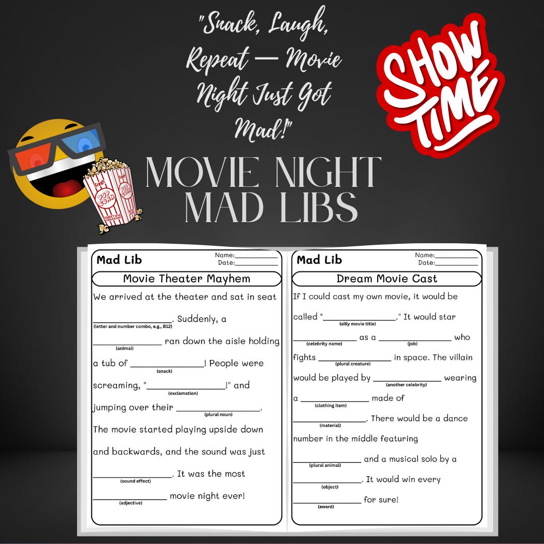 Movie Night Mad Libs Printable for Kids | Funny Fill-in-the-blank Game ...