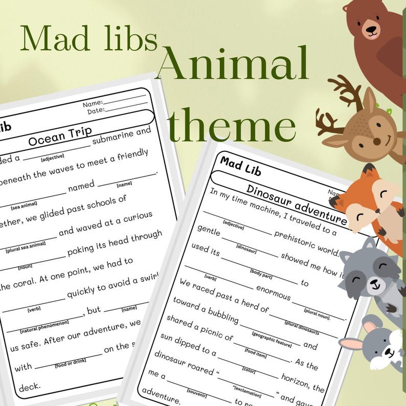 Animal Theme Games Mad Libs | Printables | Fun | Digital Prints - Etsy
