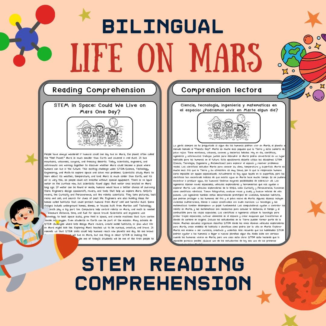 Life on Mars Bilingual STEM Reading Worksheets | English & Spanish ...