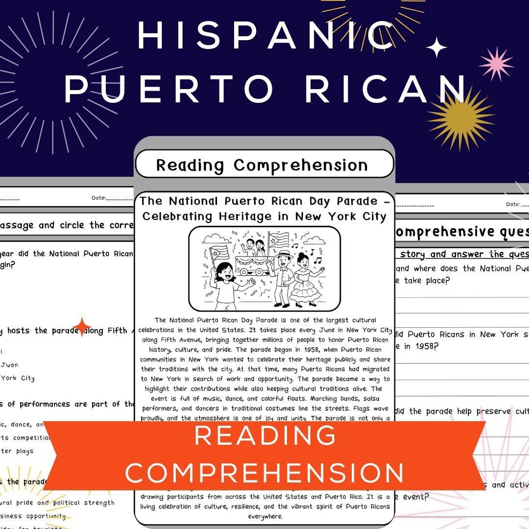 Puerto Rican Day Parade Reading Comprehension Worksheets | Hispanic ...