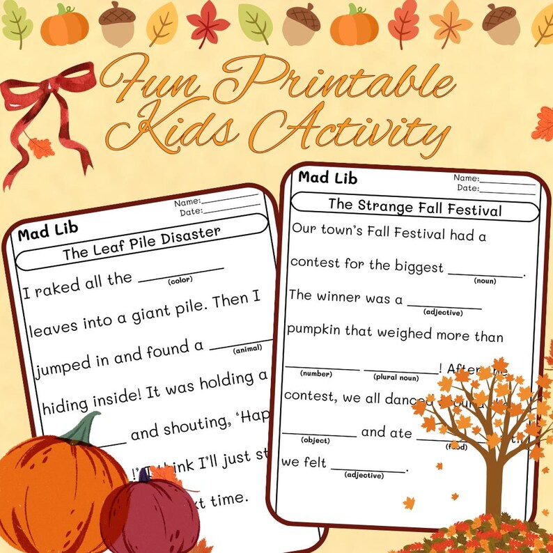 Fall Mad Libs Printable Worksheets: Autumn Kids Activity (digital ...