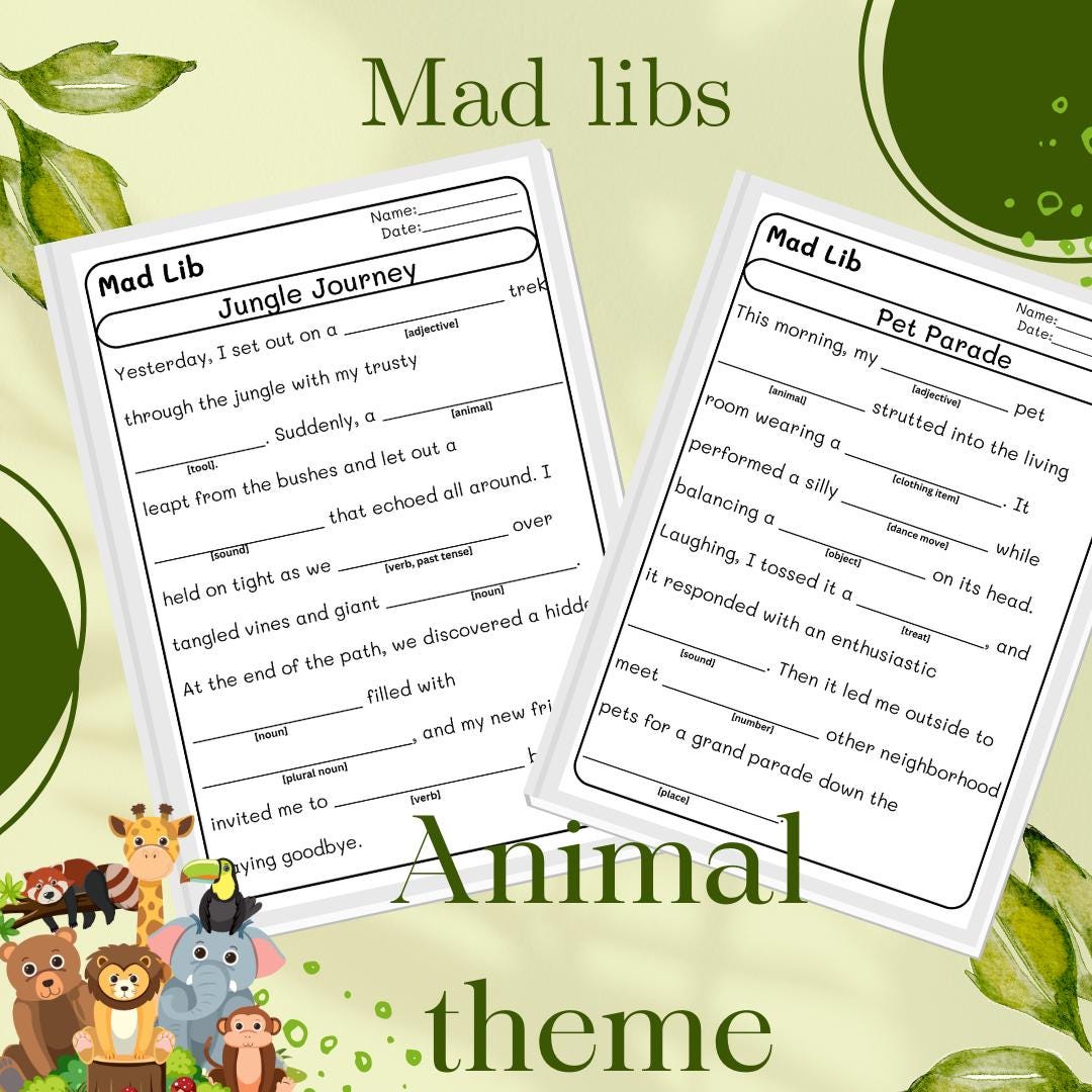 Animal Theme Games Mad Libs | Printables | Fun | Digital Prints - Etsy