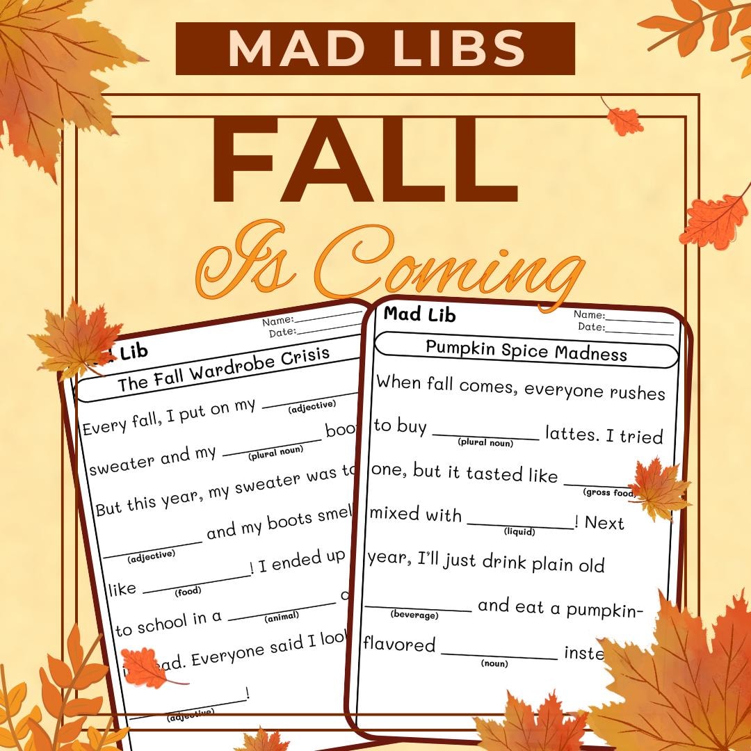 Fall Mad Libs Printable Worksheets: Autumn Kids Activity (digital ...
