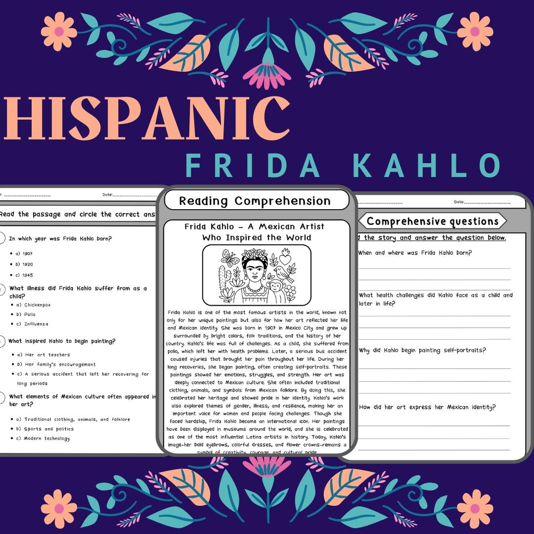 Frida Kahlo Reading Comprehension Worksheets | Hispanic Heritage ...