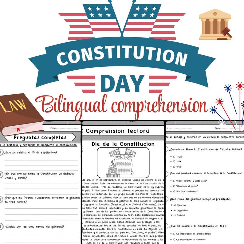 Constitution Day Reading Comprehension Bilingual English Spanish | US ...