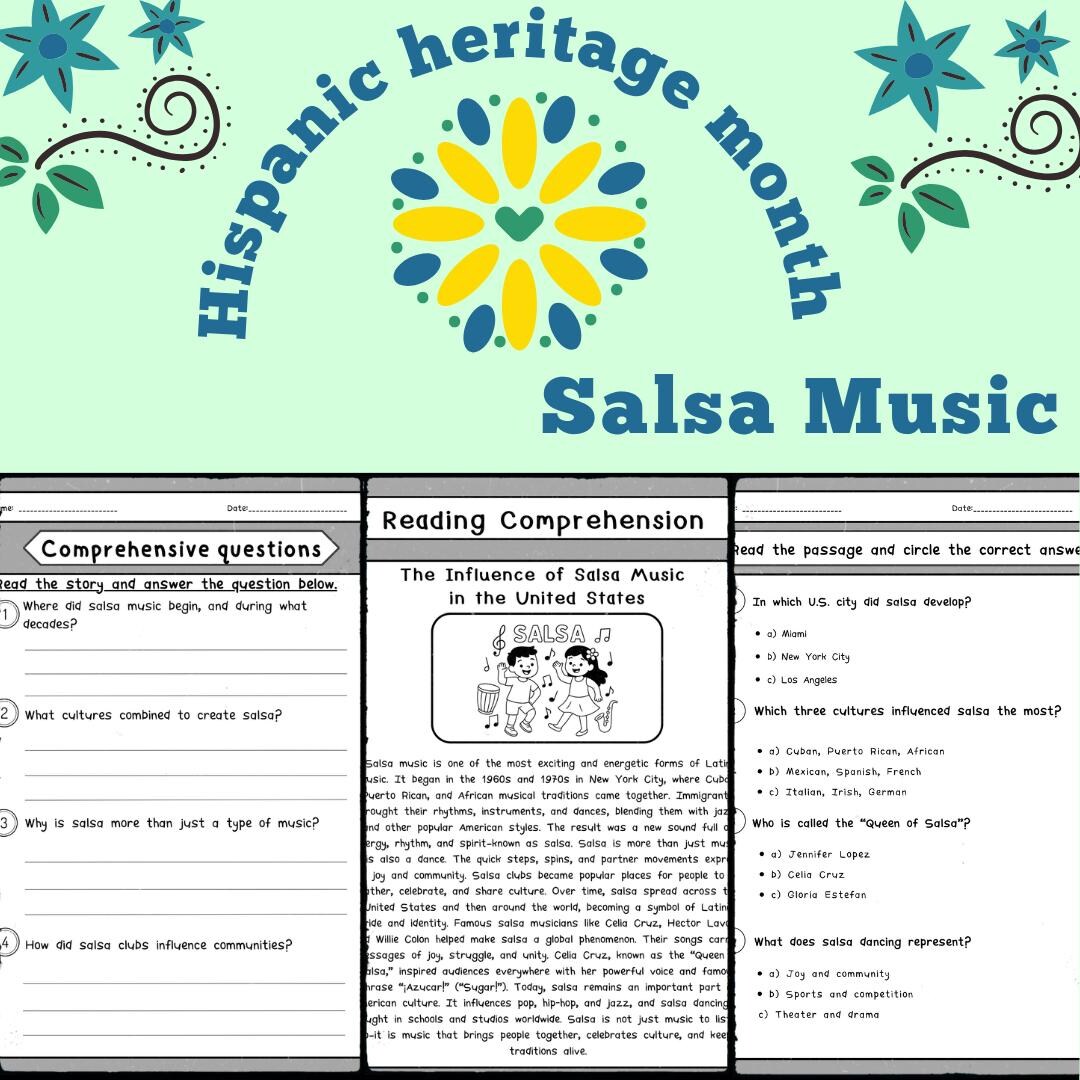 Salsa Music Reading Comprehension Worksheets Bilingual English Spanish ...