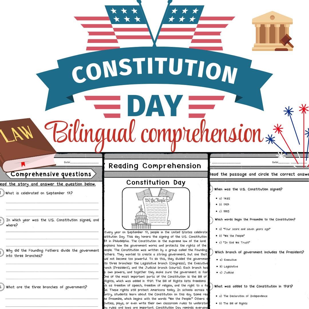 Constitution Day Reading Comprehension Bilingual English Spanish | US ...