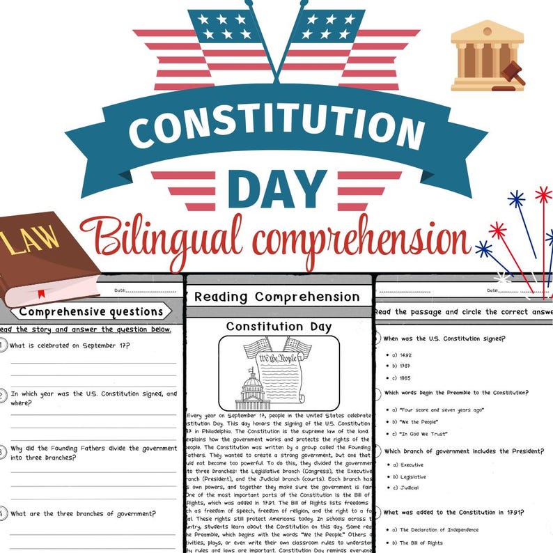 Constitution Day Reading Comprehension Bilingual English Spanish | US ...