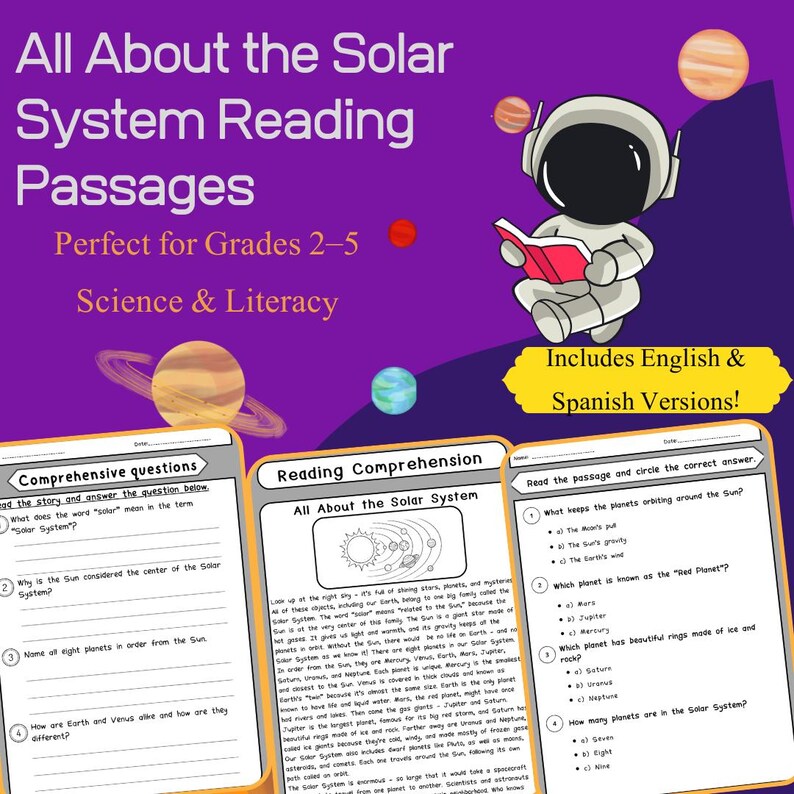 Solar System Reading Comprehension | Space Science Worksheets | English ...