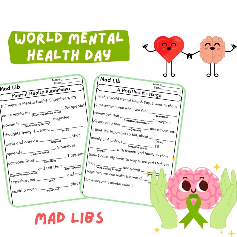 World Mental Health Day Mad Libs - SEL Worksheets (A4 PDF) - Etsy