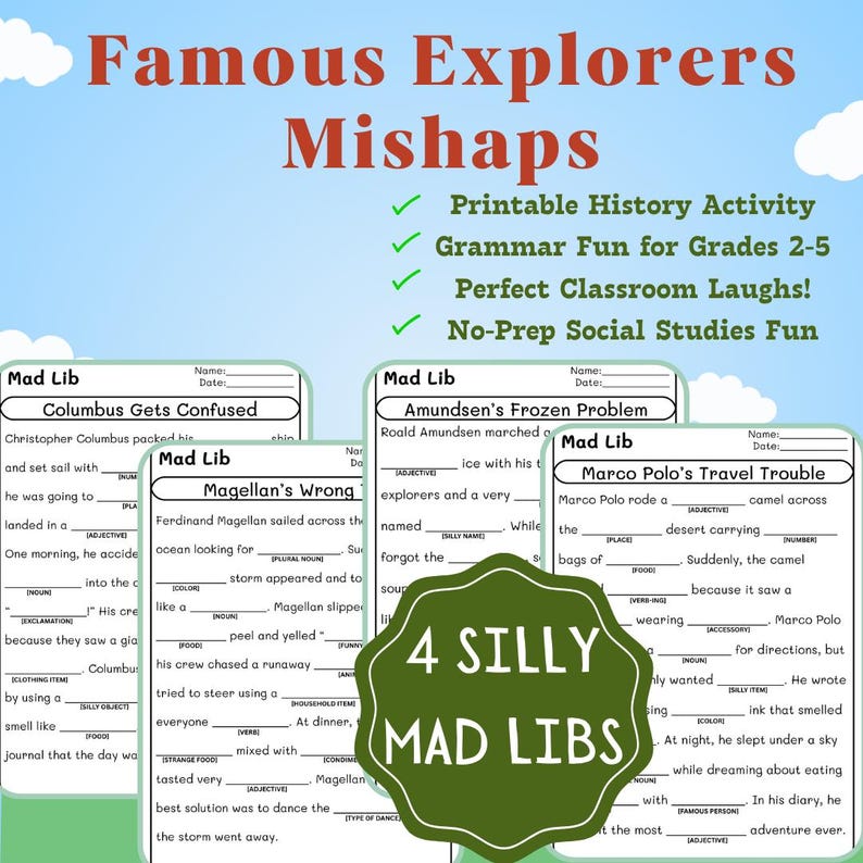 Famous Explorer Mad Libs Printable | Funny History Writing - Etsy