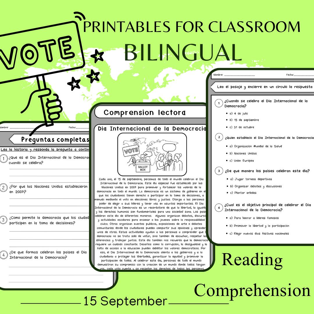Democracy Day Reading Comprehension Worksheets: Bilingual English ...