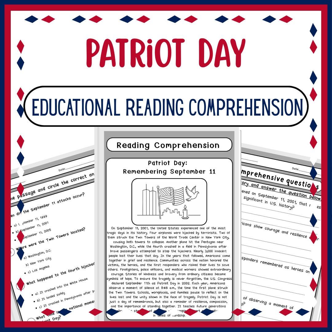 Patriot Day Reading Comprehension Worksheet | 9/11 September 11 Passage ...