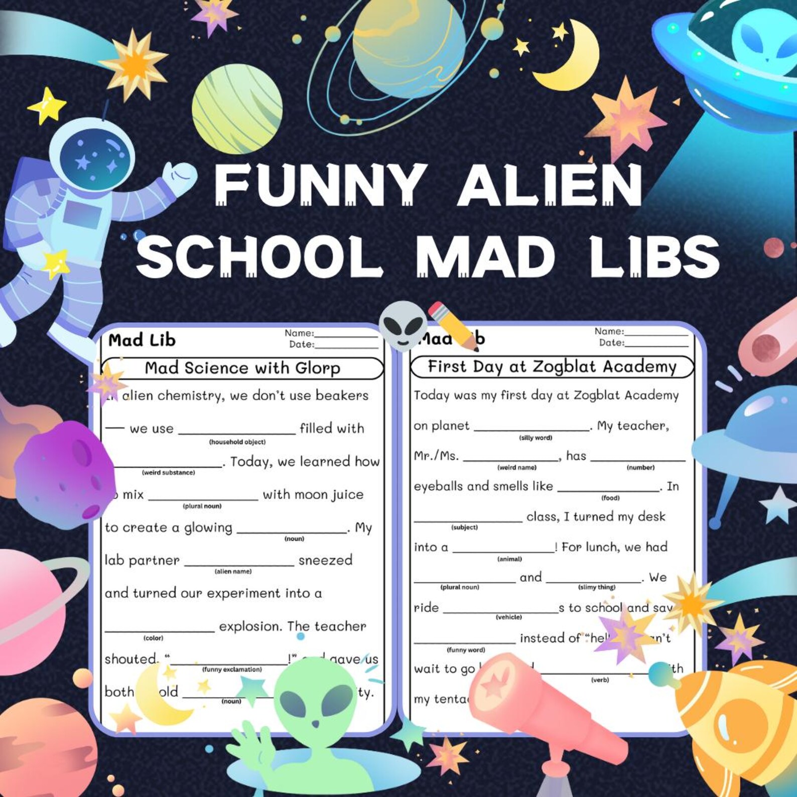 Alien Mad Libs Printable: Space Grammar Activity, Grades 2-5 (PDF ...