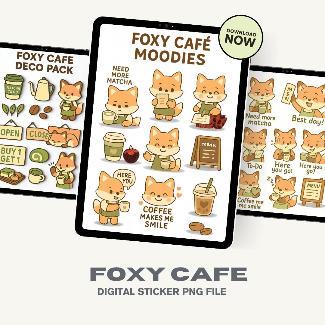 Foxy Café Moodies – Kawaii Barista Fox Digital Stickers | Matcha Coffee ...