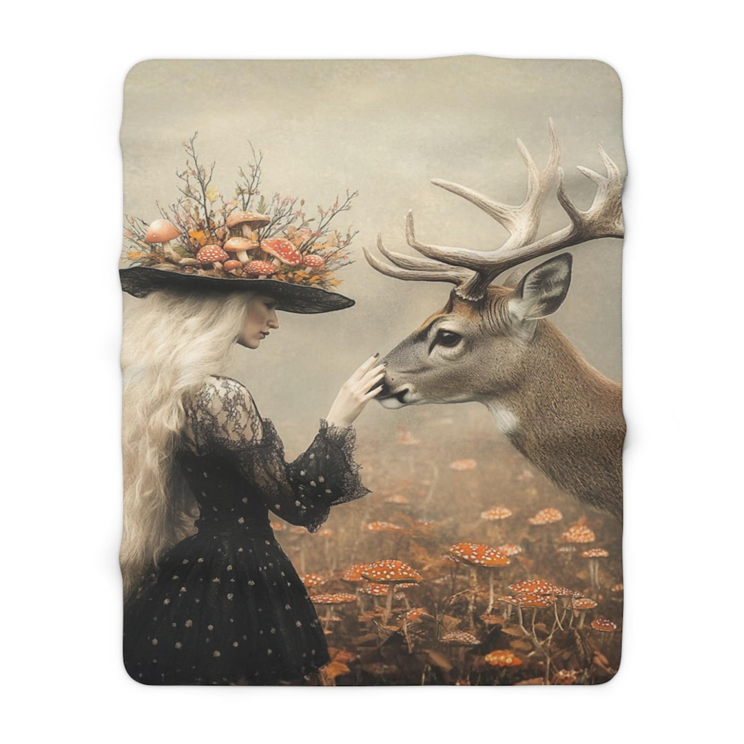 Whimsical Forest Maiden With Deer Sherpa Blanket | Autumn Mushroom Art ...