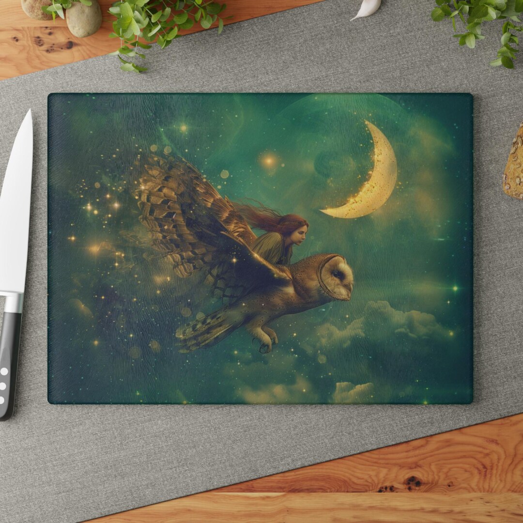 Dreamy Cottagecore Owl Art Glass Cutting Board | Fantasy Night Sky ...
