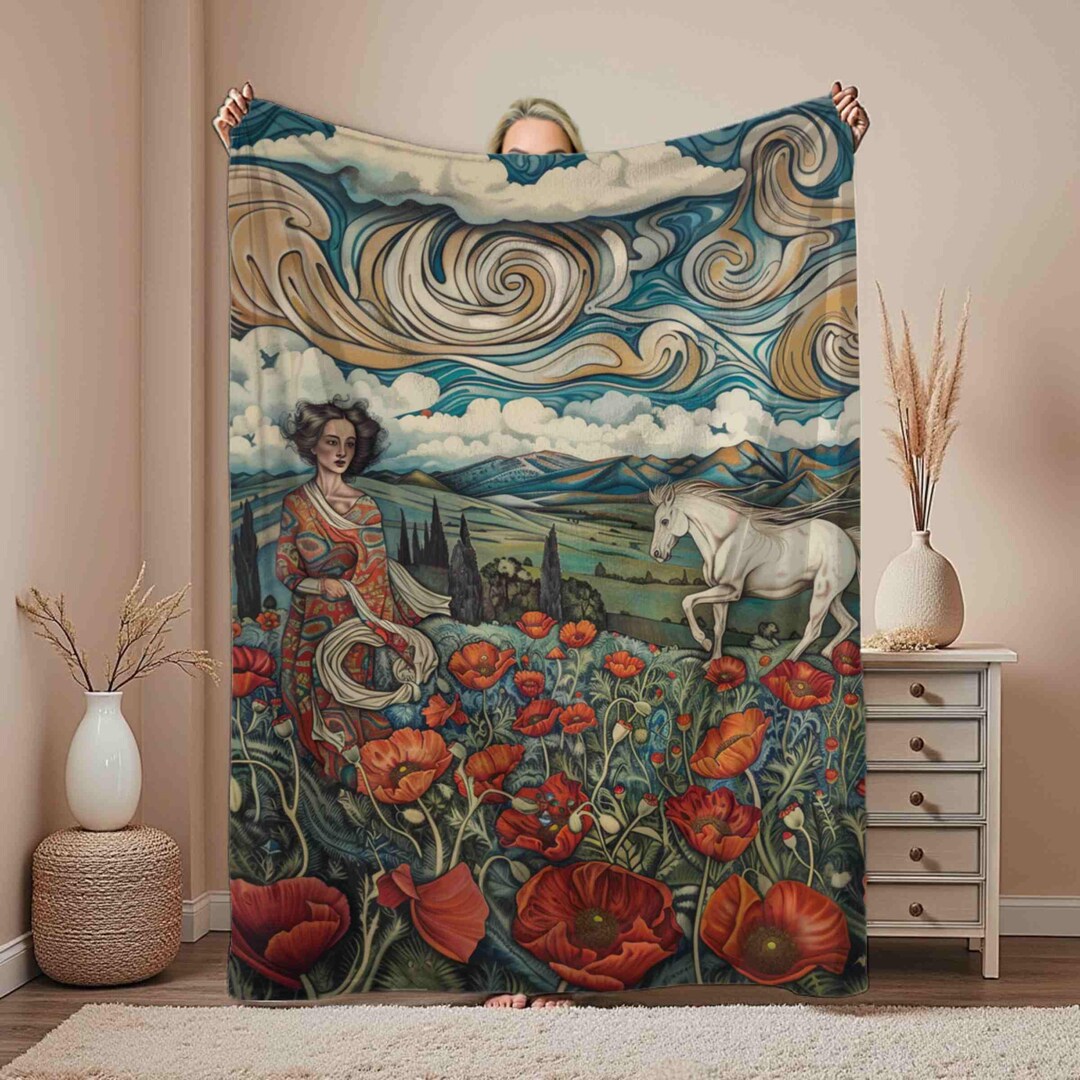 Poppy Field Maiden With White Horse Sherpa Blanket | Boho Fantasy ...
