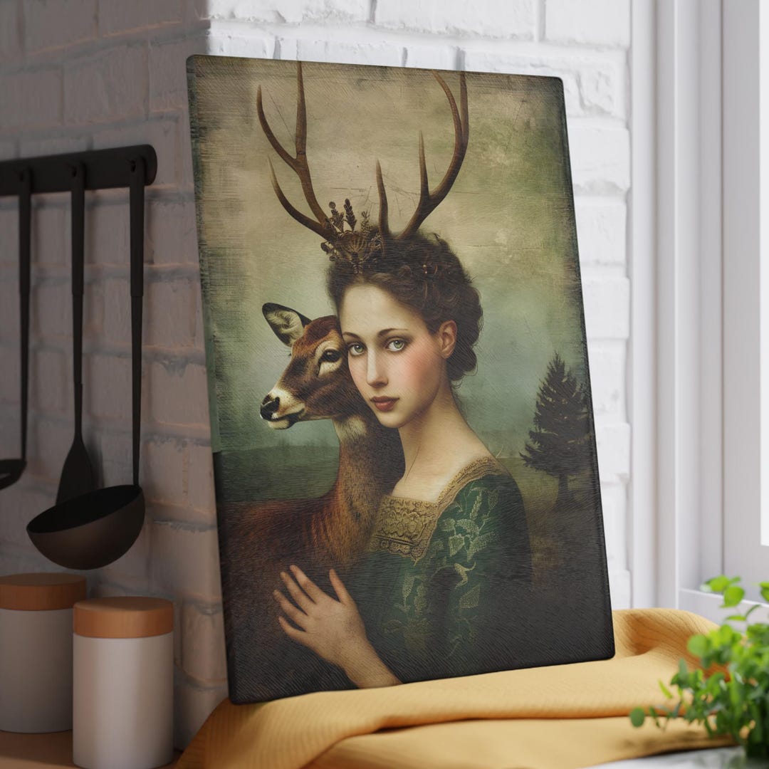 Antler Crown Woman With Deer Glass Cutting Board | Fantasy Woodland Art ...