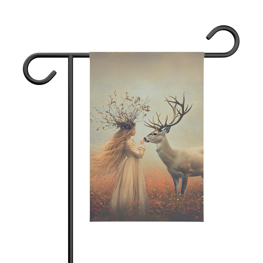 Woodland Maiden and Deer Garden Banner | Whimsical Nature Art - Etsy