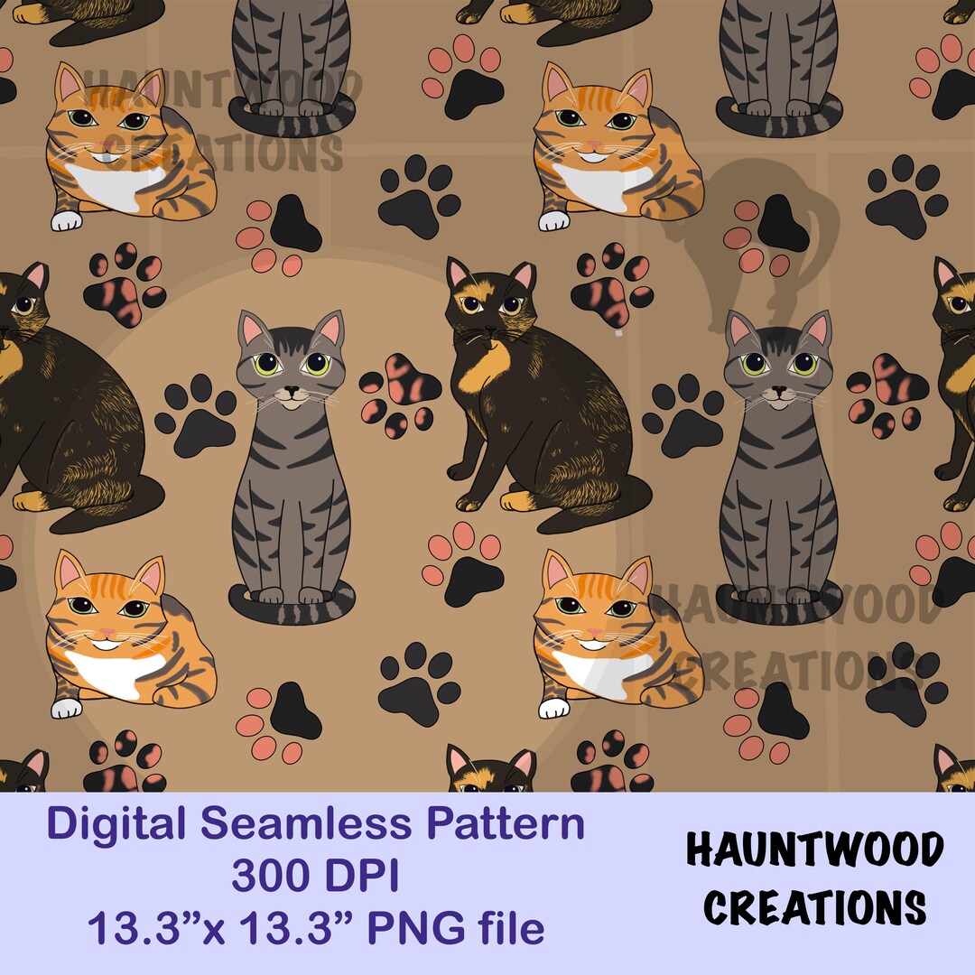 Rescue Cats Tan Background Seamless Digital Download PNG 300 DPI Paw ...