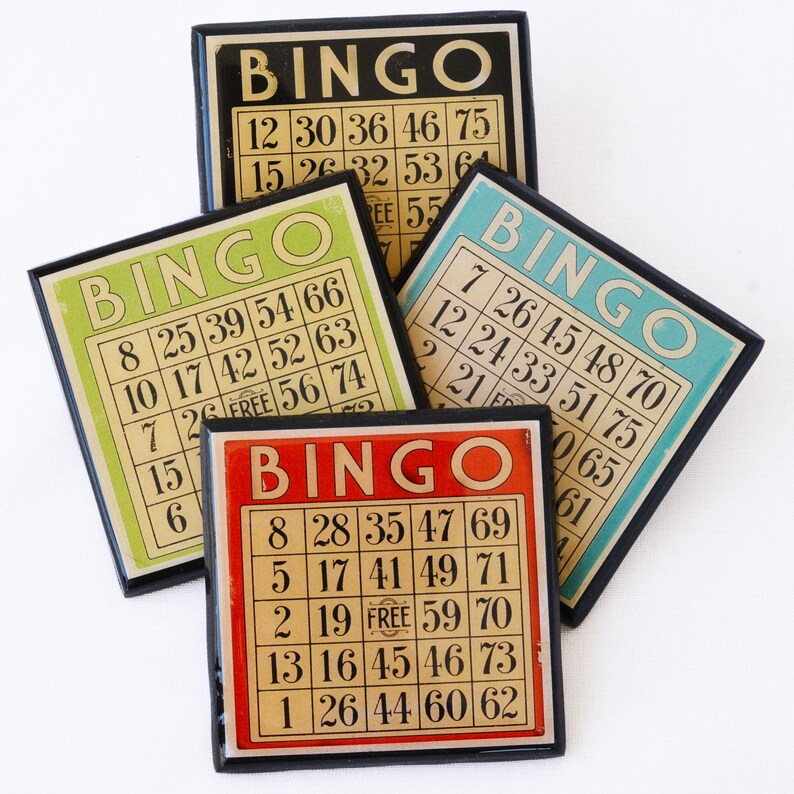 Bingo Card Drink Coaster Set, Retro Wood and Resin Coasters, Game Day ...