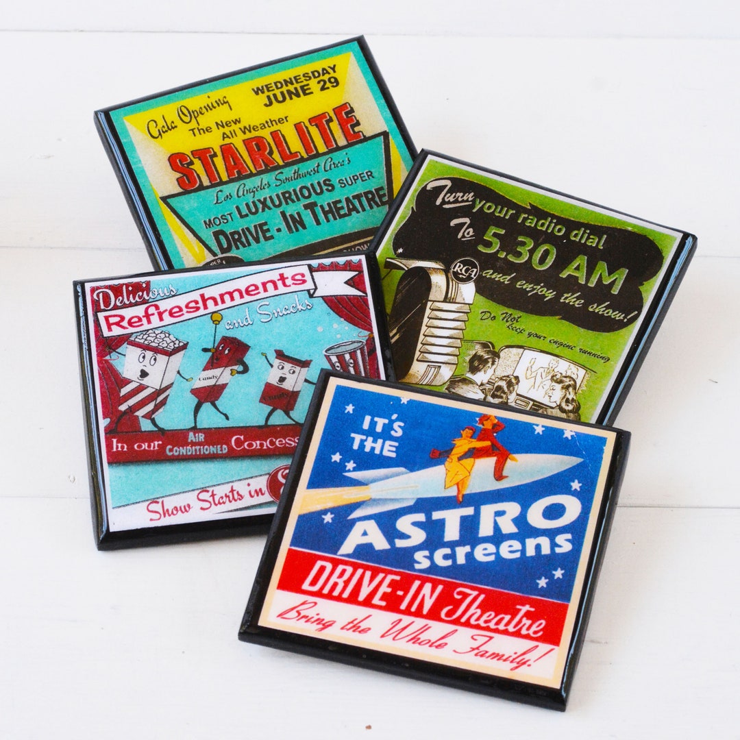 Drive in Theatre Coaster Set, Wood and Resin Drink Coasters Vintage ...