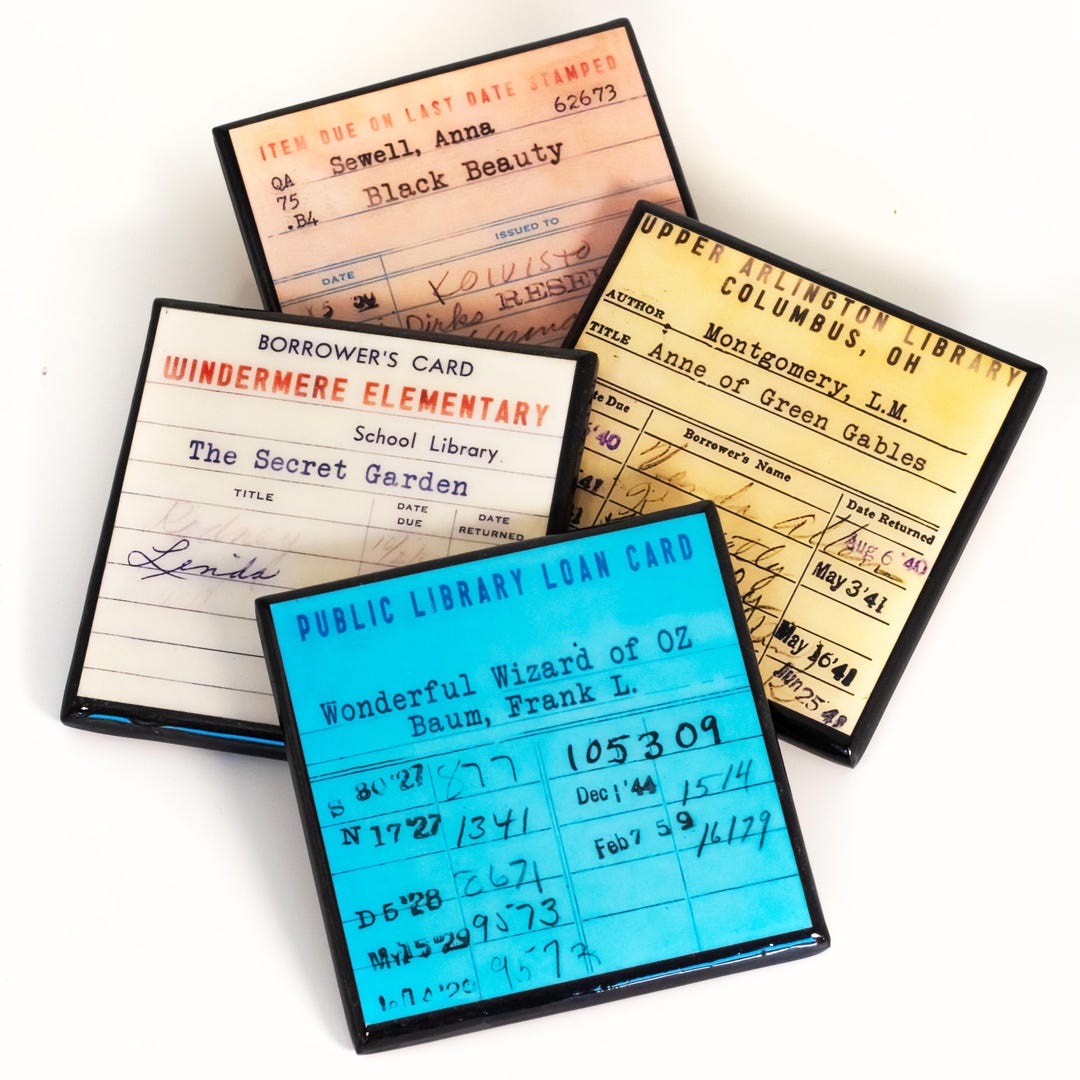 Book Lovers Coaster Set Library Due Date Card Wood Coasters Gifts for ...