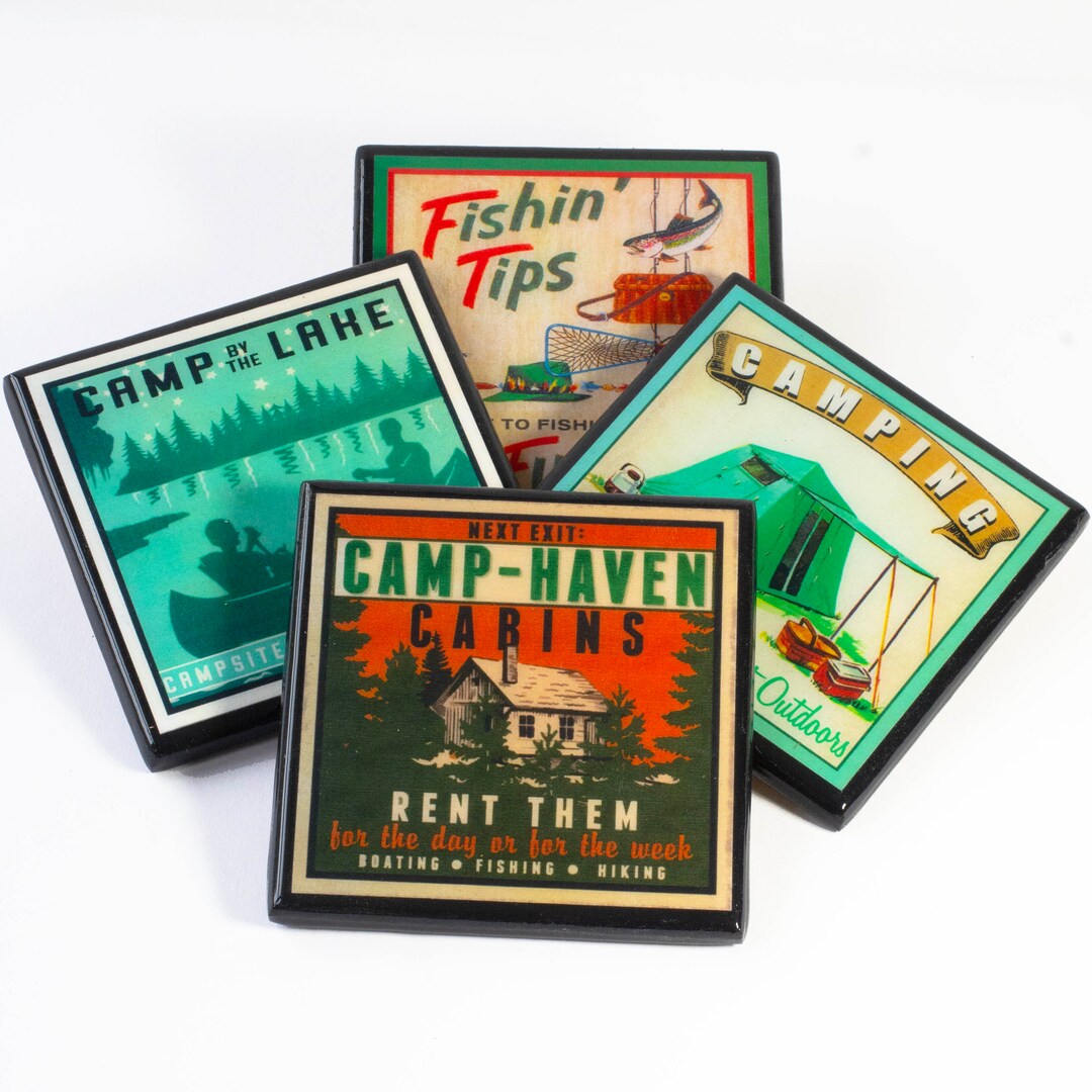 Rustic Wood and Resin Camping Themed Coaster Set, Four Retro Square ...