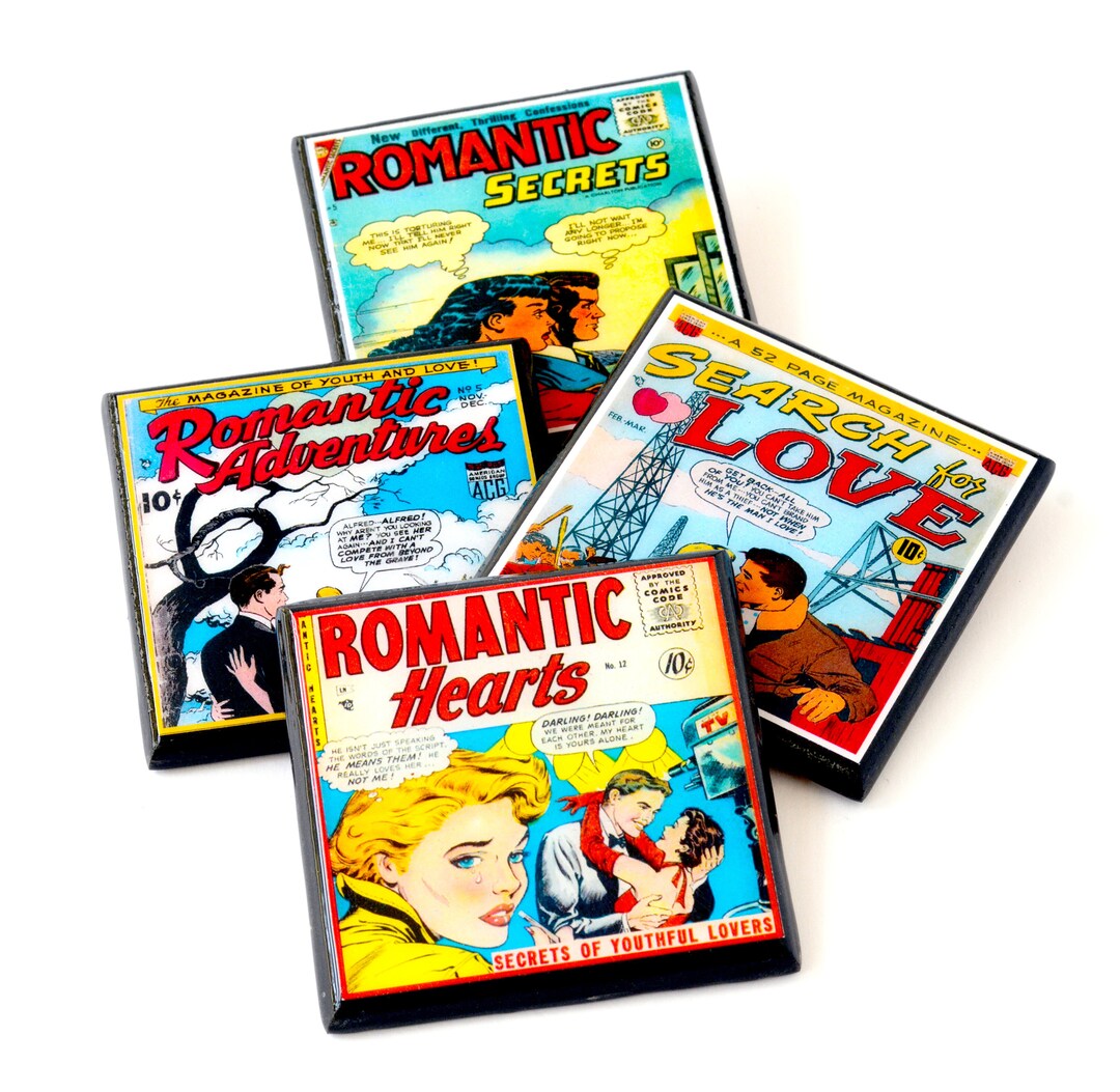 Vintage Romance Comic Book Cover Art Wood and Resin Drink Coaster Set ...