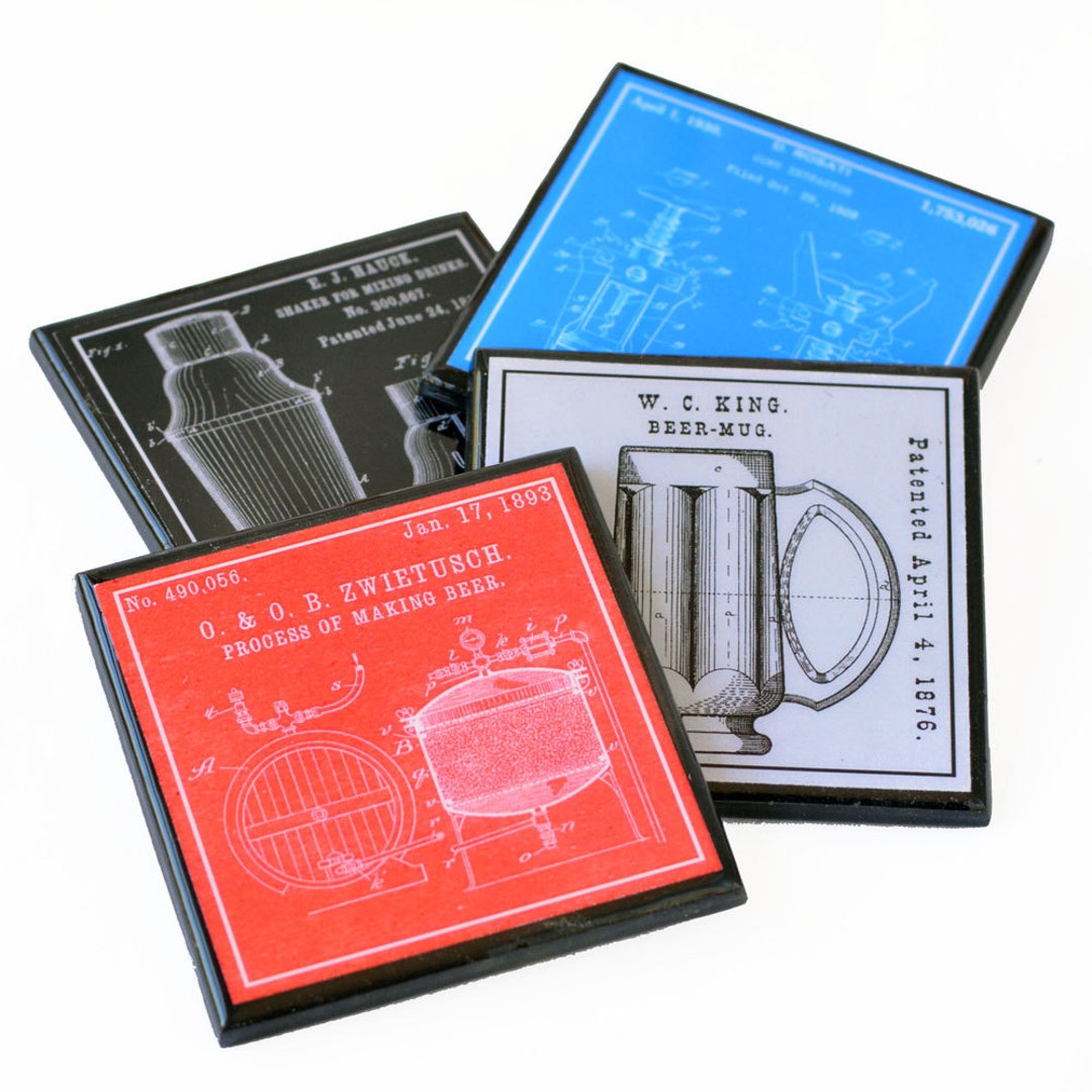 Coaster Set, Patent Art Barware Wood Drink Coasters, Man Cave Bar Decor ...