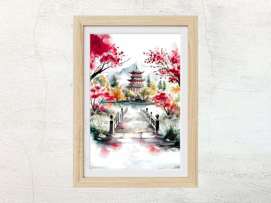 Cottagecore Cherry Blossom Bridge Art | Japanese Garden Ink Print ...