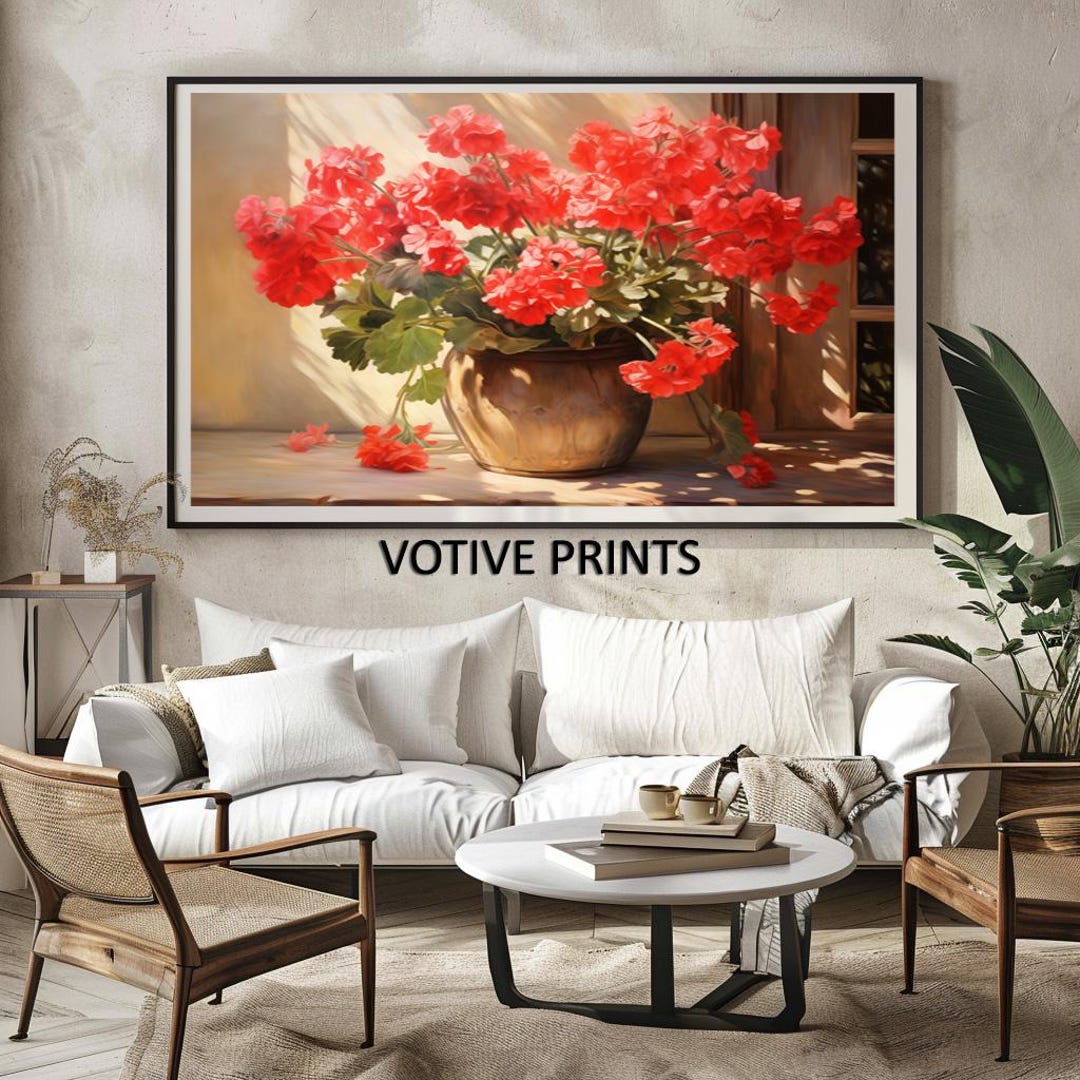 Digital Print - Red Geraniums Oil Painting, Soft Tones, Light & Shadow ...