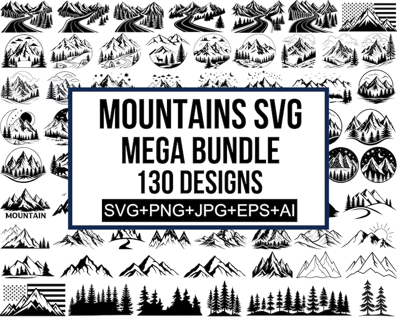 Mountains Svg Bundle, Forest Trees and Outdoor Adventure Svg, Hand ...