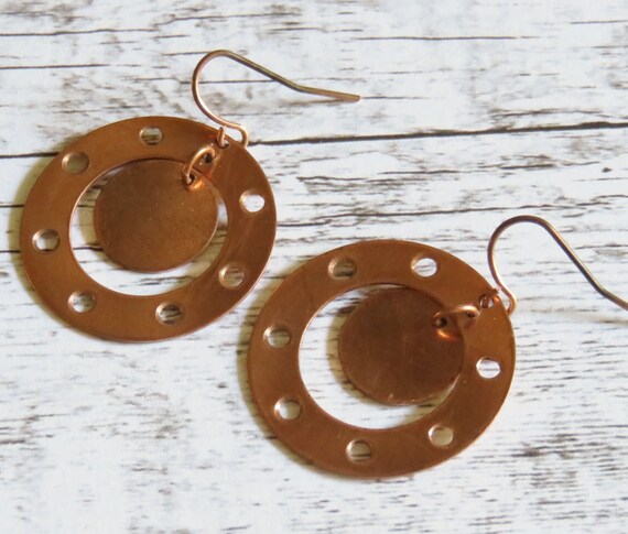 Copper Disc and Punched Copper Donut Earrings Pierced Dangle | Etsy
