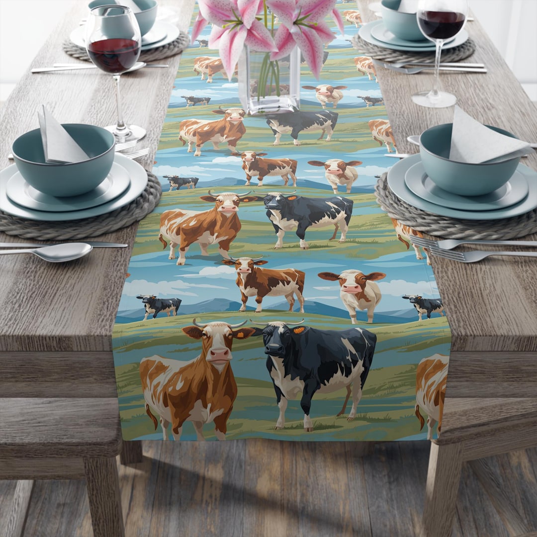 Highland Cow Polyester Table Runner - Rustic Farmhouse Home Decor ...