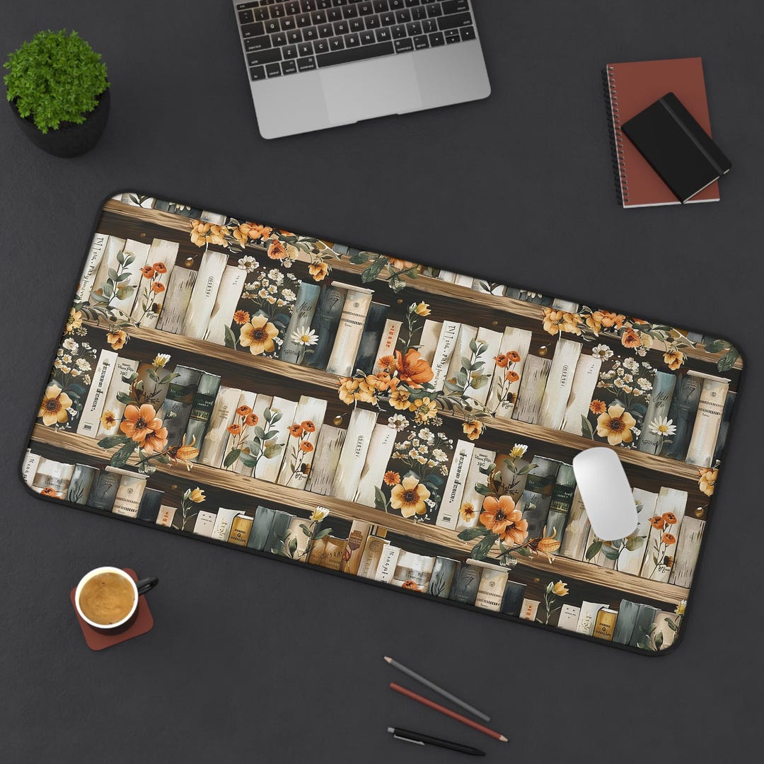 Bookshelf Desk Mat, Library Deskpad, Bookish Deskmat, Cottagecore Desk ...