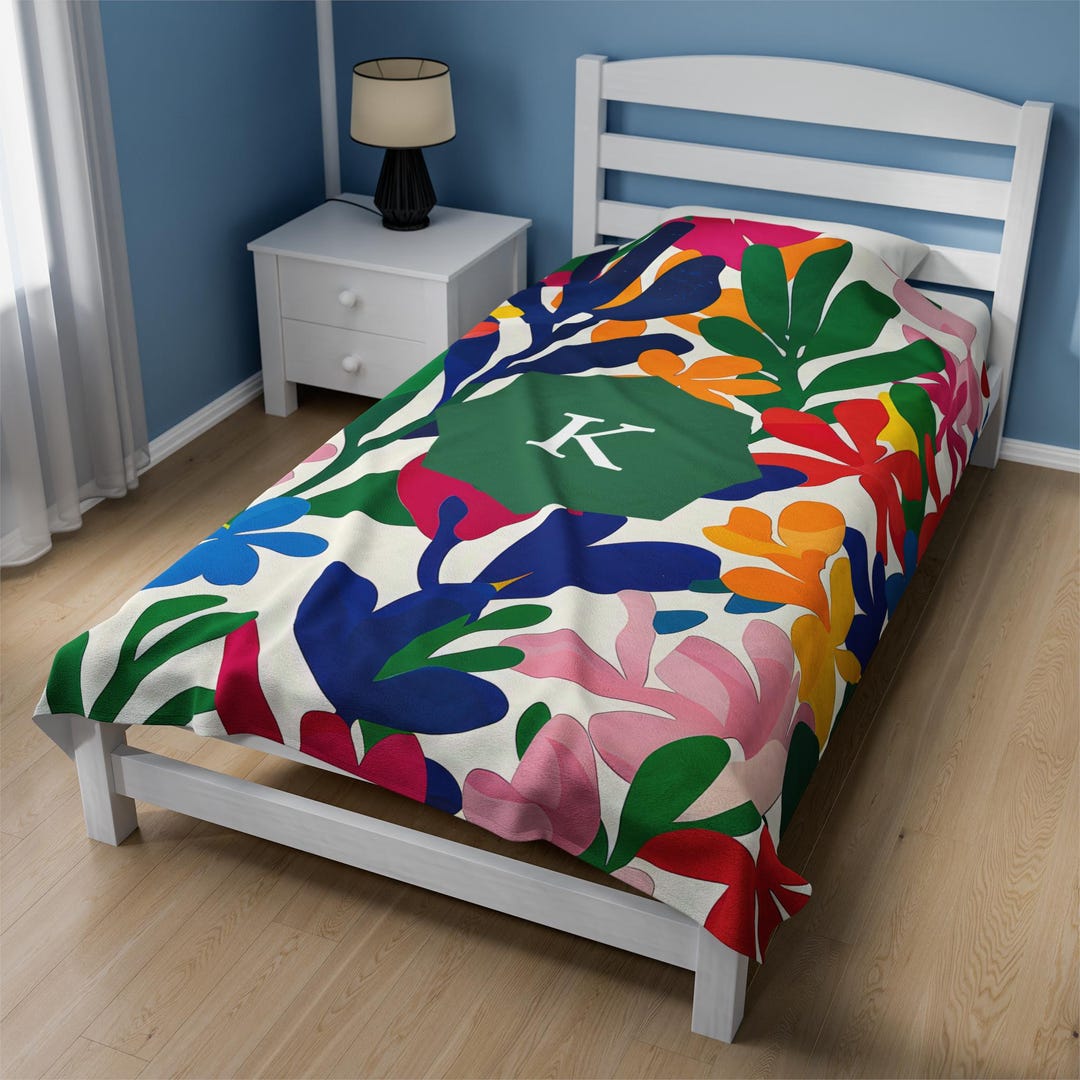 Plush Blanket, Matisse Inspired Bright Floral Monogram Personalized ...