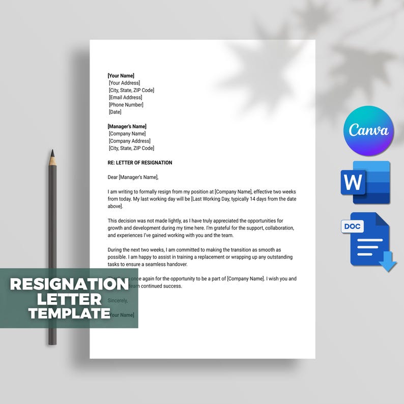 Professional Resignation Letter Template, Resignation Letter, Notice ...