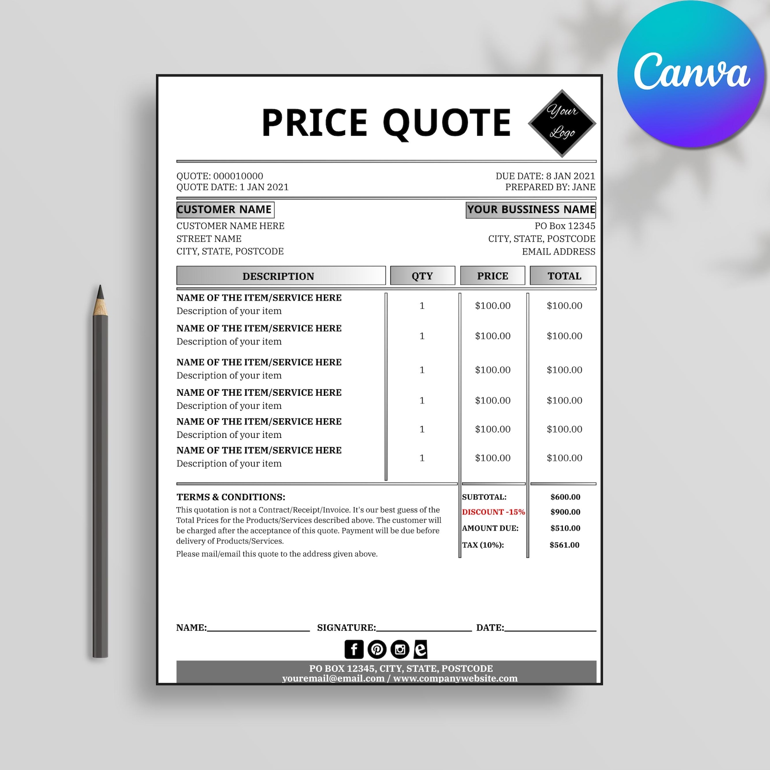 Quote Template, Editable Quotation Template, Quote Form, Small Business ...