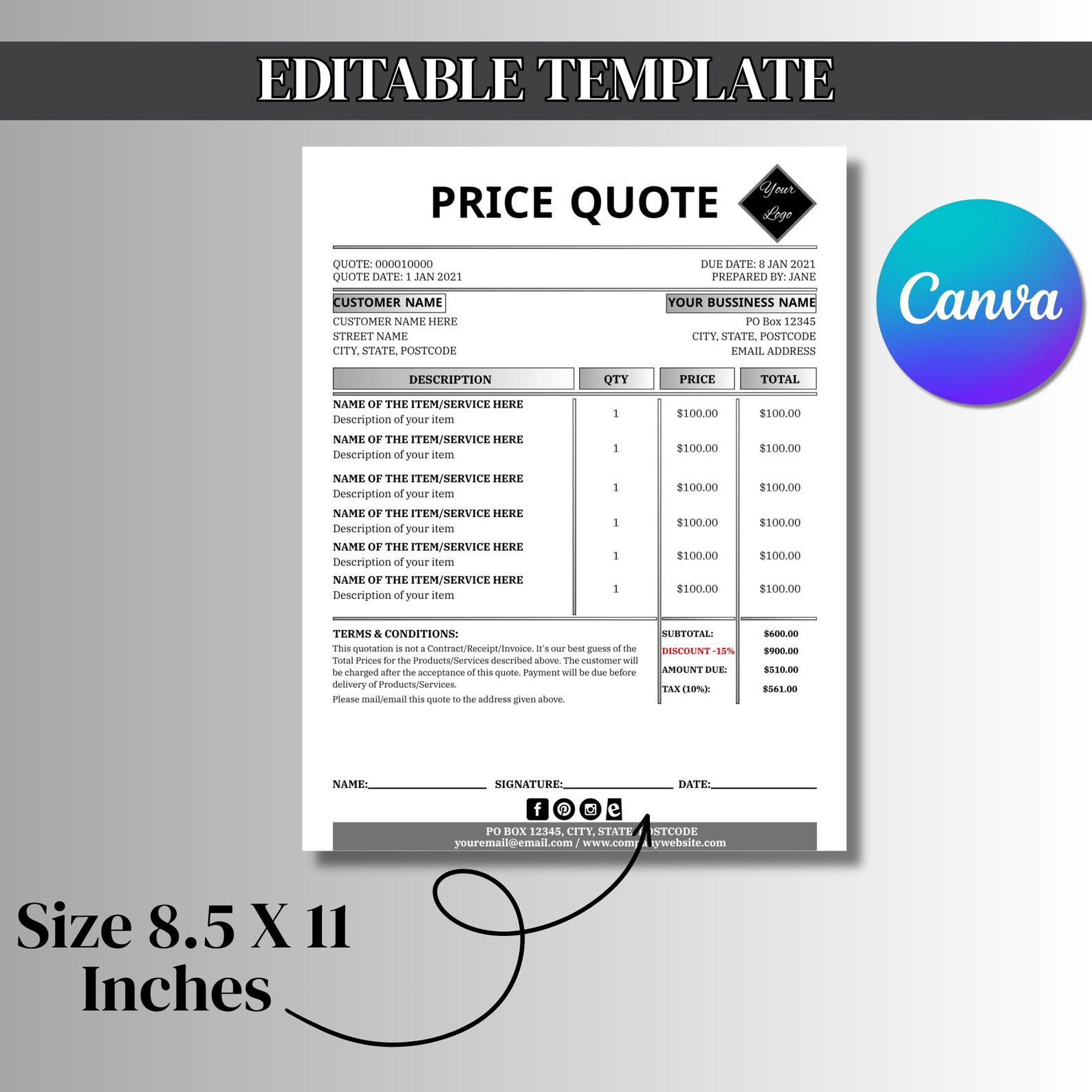 Quote Template, Editable Quotation Template, Quote Form, Small Business ...