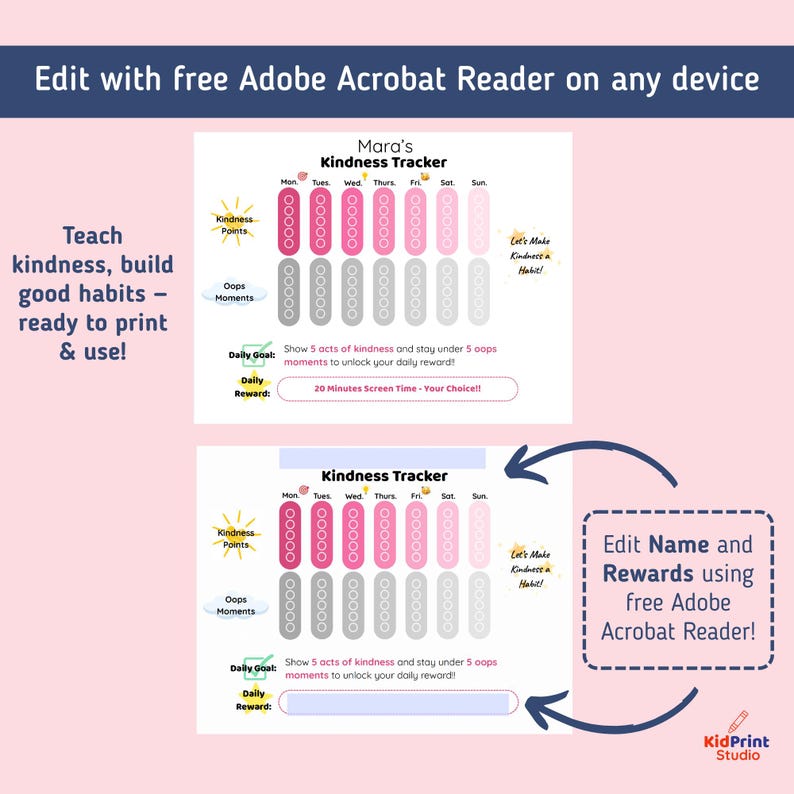 Kindness Chart for Girls – Pink Printable Reward Tracker for Kids Ages ...